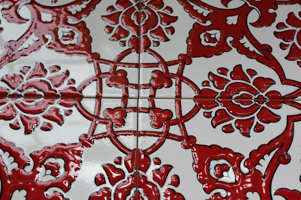 Red 16"x16" Turkish Raised Ottoman Iznik Floral Pattern Ceramic Tile ...