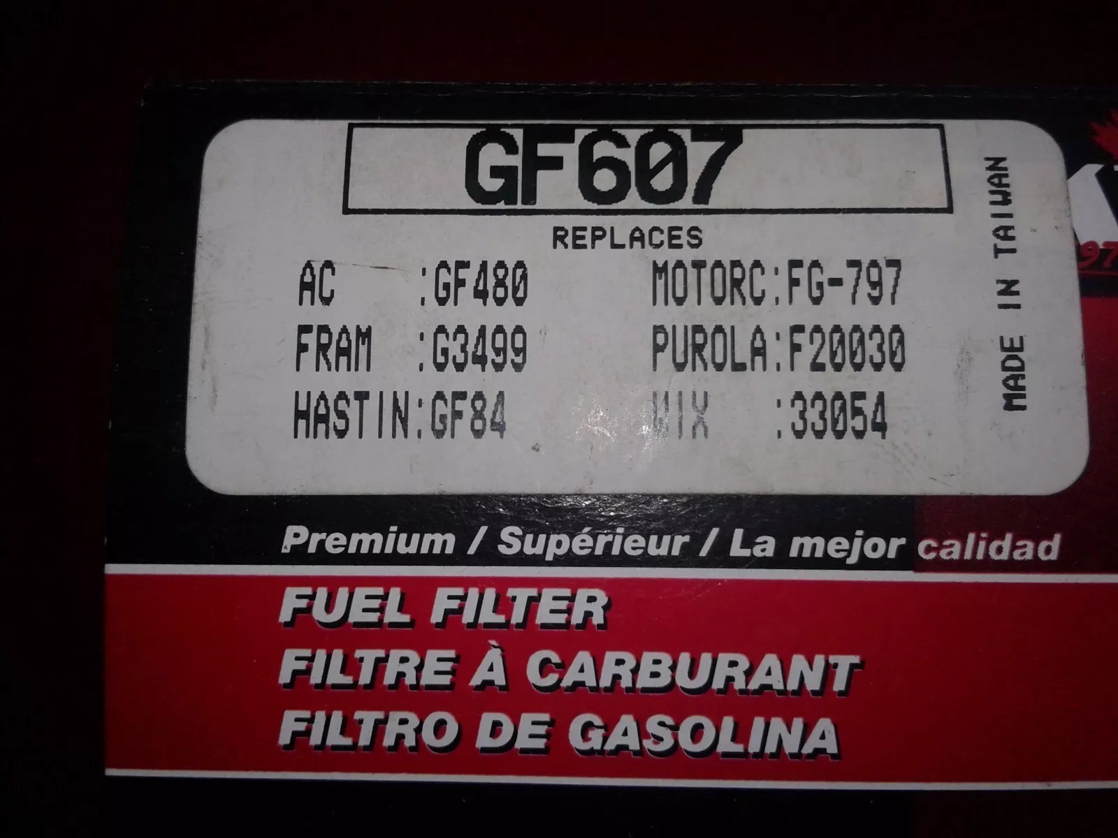 G.K.I. Fuel Filter GF607. (Replaces GF480, G3499, GF84, FG-797, F20030 ...