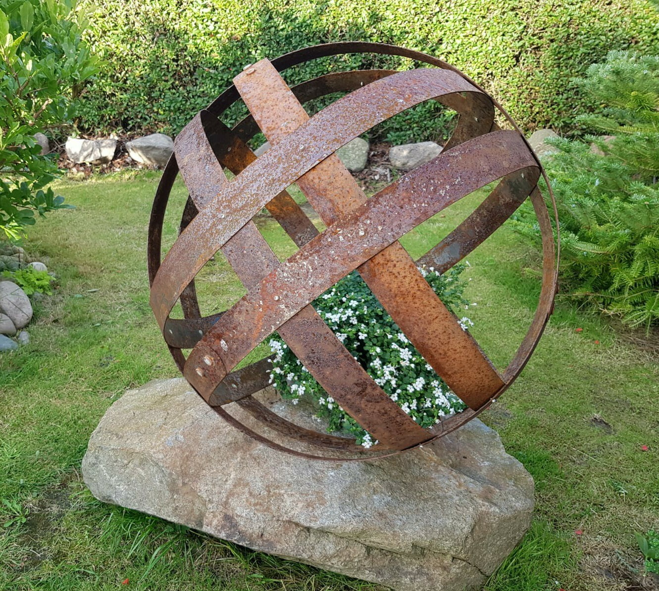 Garden Metal Sphere Sculpture Reclaimed Rusty Whisky Barrel hoop ring ...
