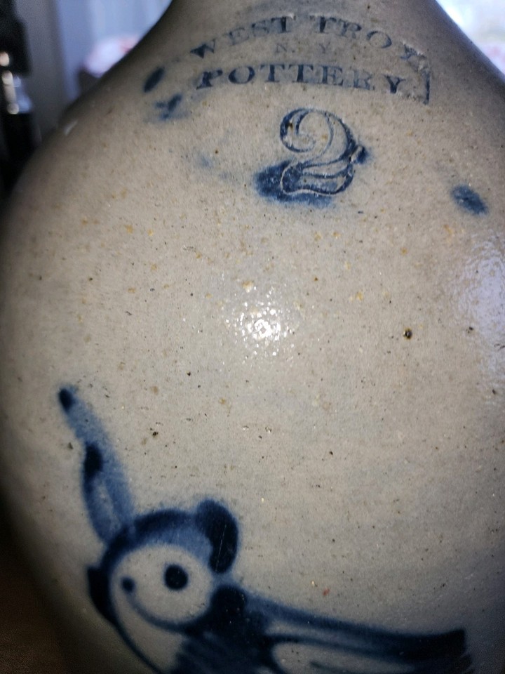 Antique Salt Glazed Stoneware "WEST TROY POTTERY * WEST TROY N.Y." BLUE ...