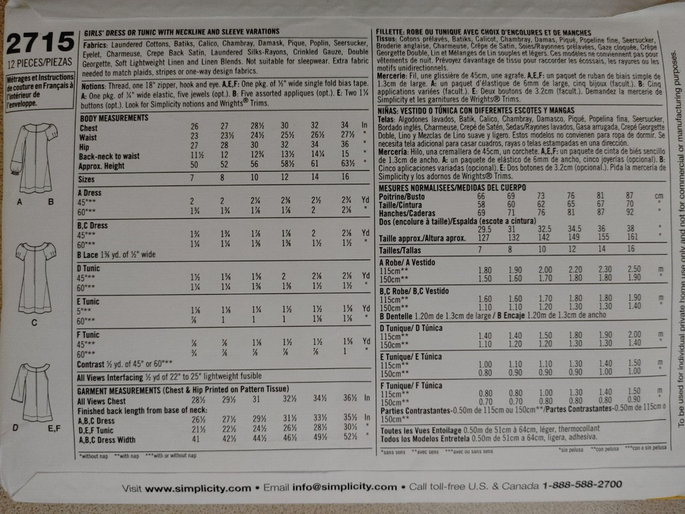 Simplicity Sewing Pattern 2715 Girls' Dresses Tunics Sizes 7 8 10 12 14 ...