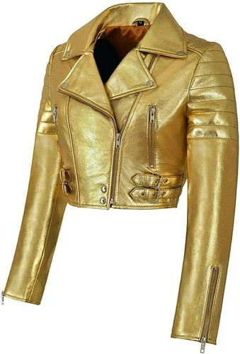 New Women Cropped Jacket Gold Handmade Leather Lambskin Stylish Casual ...