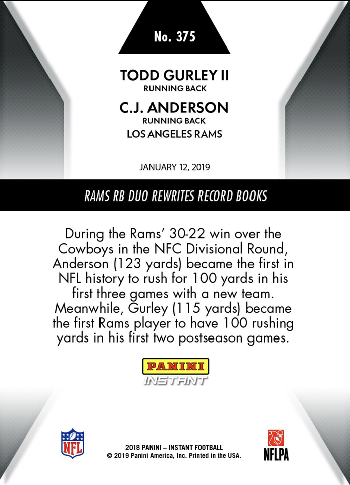 2018-19 TODD GURLEY CJ ANDERSON RAMS RB DUO REWRITES RECORDS PANINI ...
