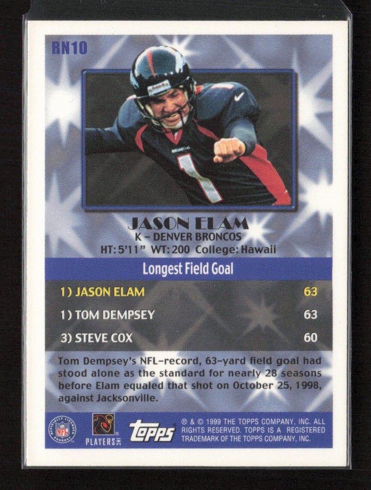 1999 Topps Record Numbers Silver #RN10 Jason Elam Denver Broncos | eBay