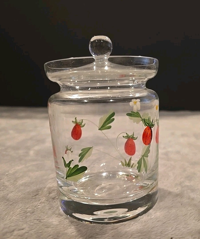 Hungary Glass Hand Painted Strawberry Flower Jam Jelly Jar With Lid And ...