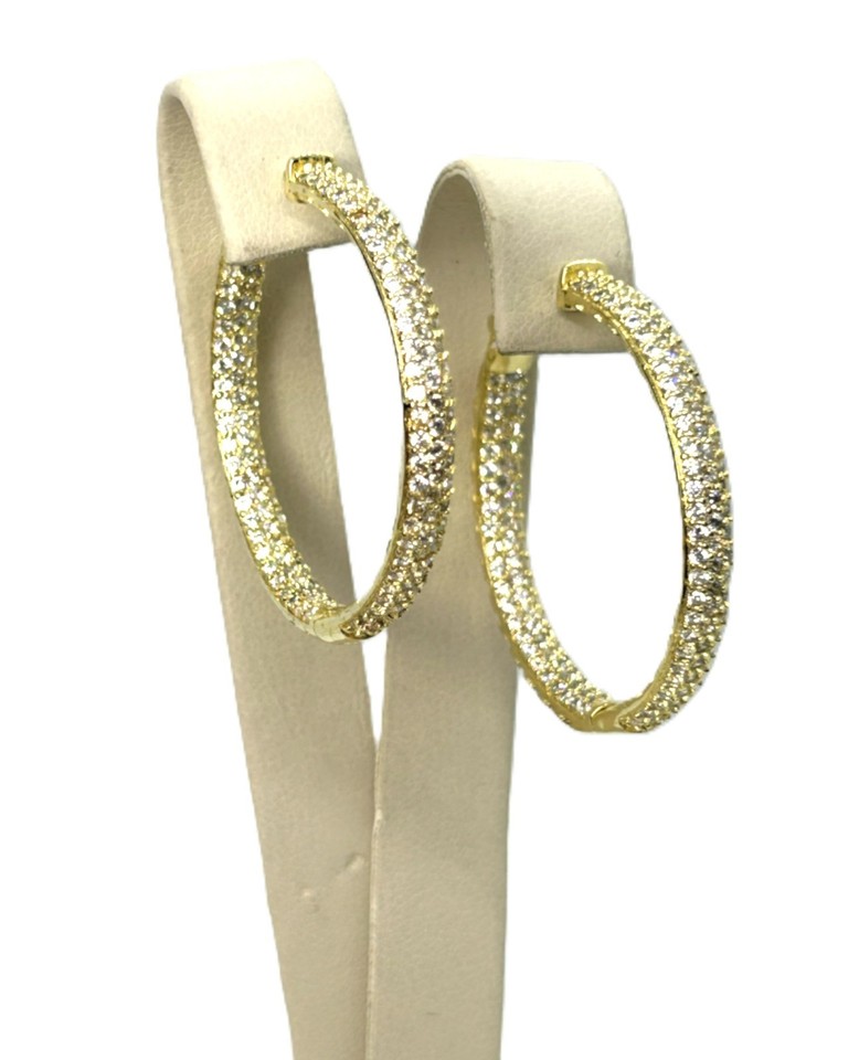 14K Yellow Gold on .925 Silver Inside Out Lab Created Diamond Hoop ...