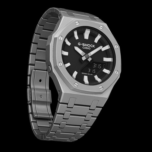 CASIO G-SHOCK GA-2100 CUSTOM CASIOAK MOD STAINLESS STEEL SILVER * New ...