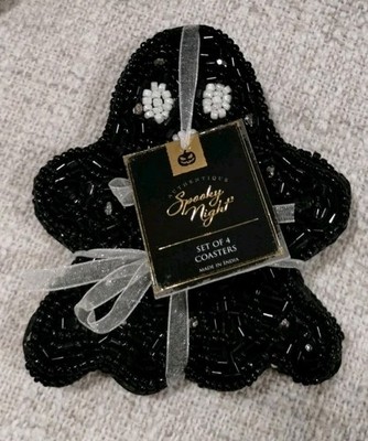 s/ 4 Halloween BLACK GHOST BEADED COASTERS Authentique Spooky Night ...
