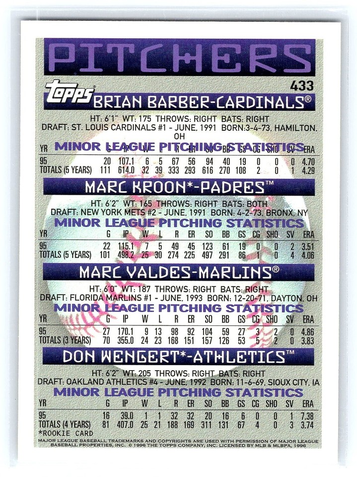 1996 Topps Baseball #433 Brian Barber / Marc Kroon / Marc Valdes / Don ...