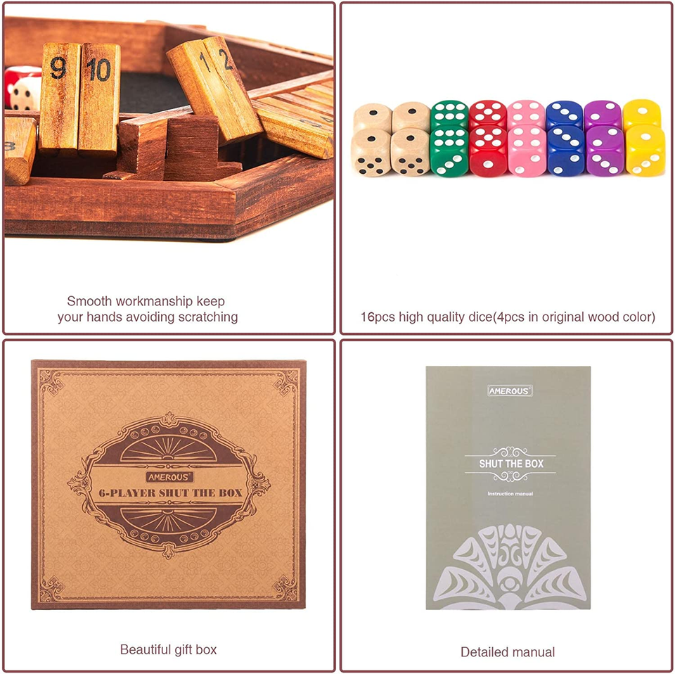 Upgraded 1-6 Players Shut the Box Dice Game, Wooden Board Table Math ...