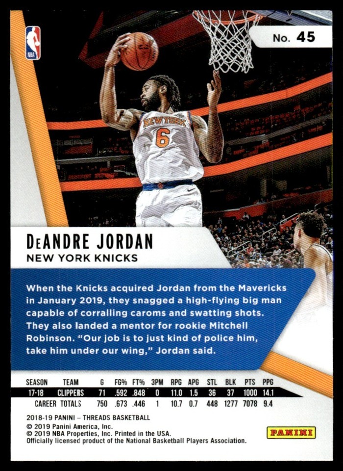 2018-19 Panini Threads DeAndre Jordan New York Knicks #45 | eBay