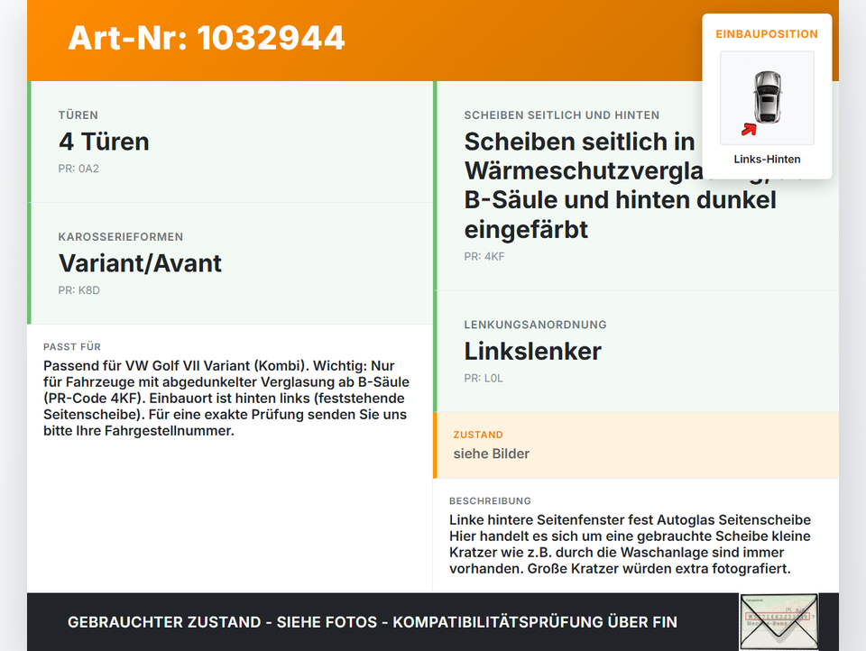 Seitenscheibe Feste Scheibe Li Hi Orig. getönt für VW Golf VII 7 ...