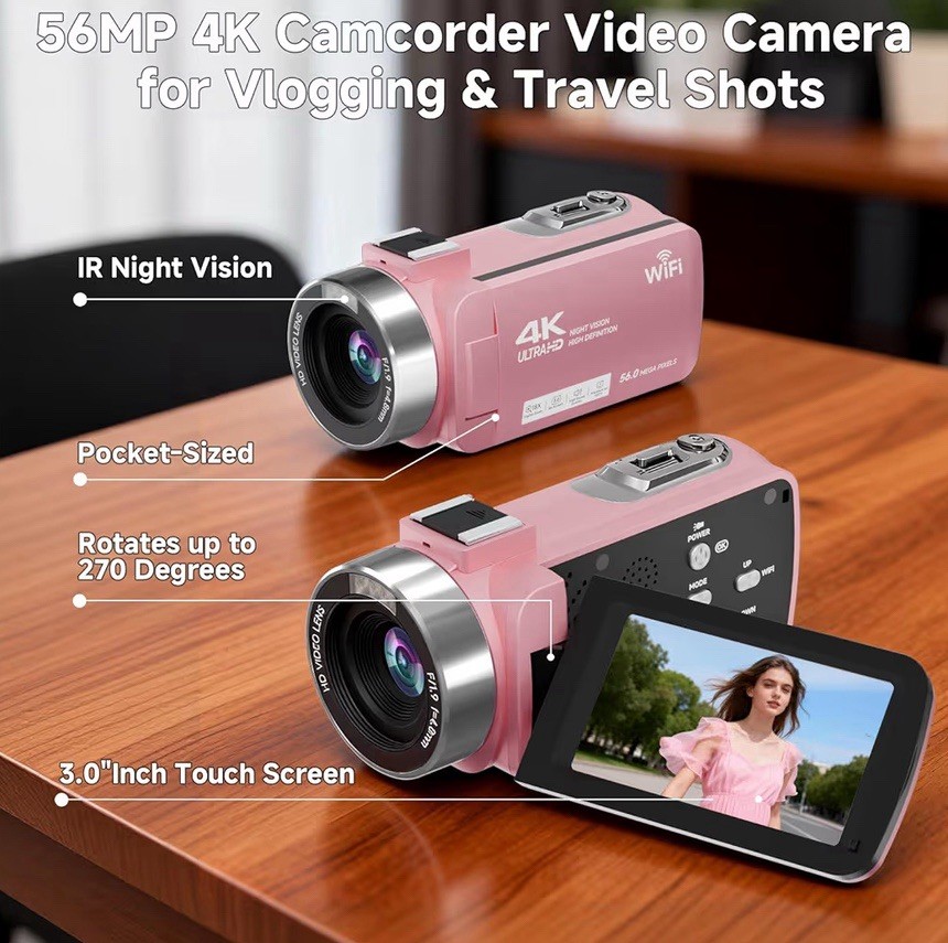 4K Camcorder 56MP Video Camera WiFi IR Night Vision 18X Zoom Vlogging w ...
