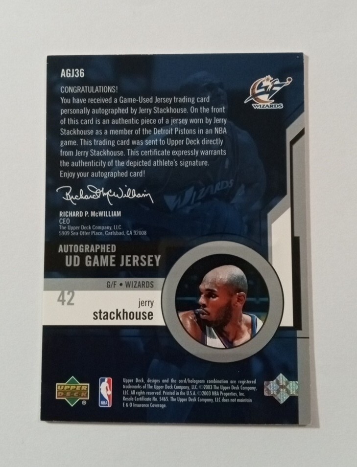 2003-04 UD Upper Deck Jerry Stackhouse Auto Autograph Game Jersey 029/ ...