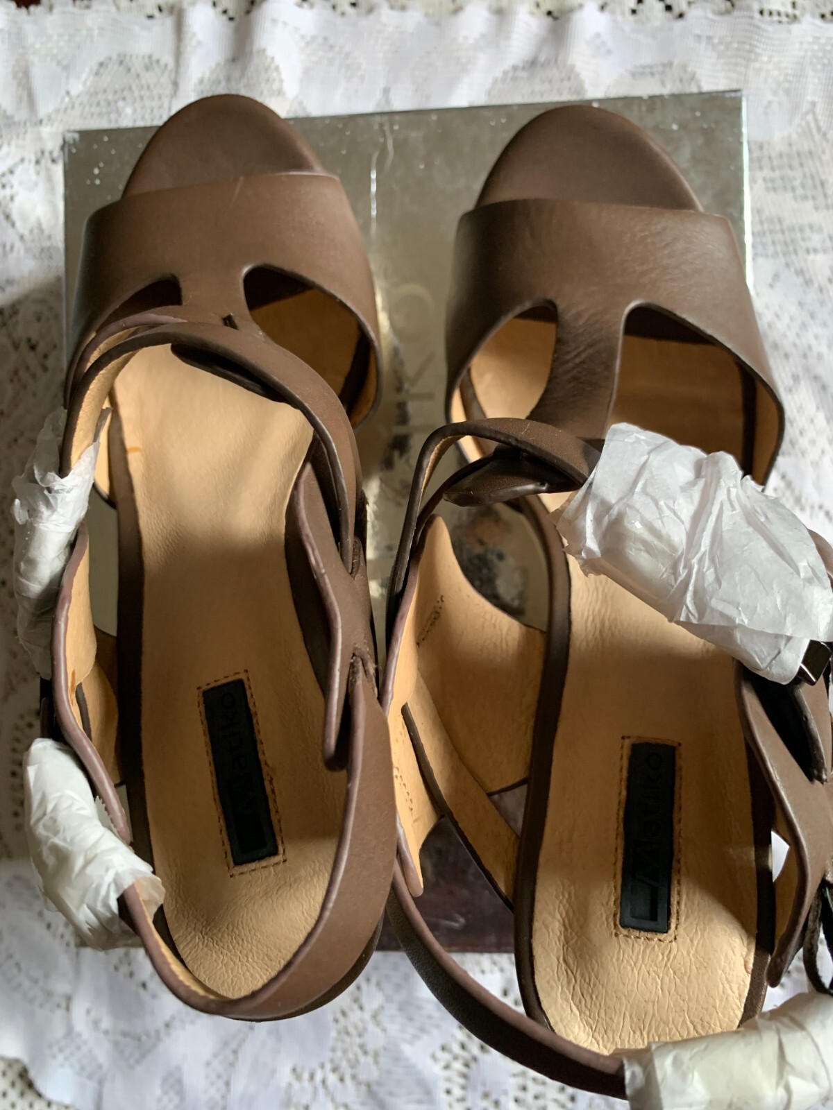 Women Authentic MATIKO Brown Leather TRESSA Wood Wedge Heels Sandals 8. ...