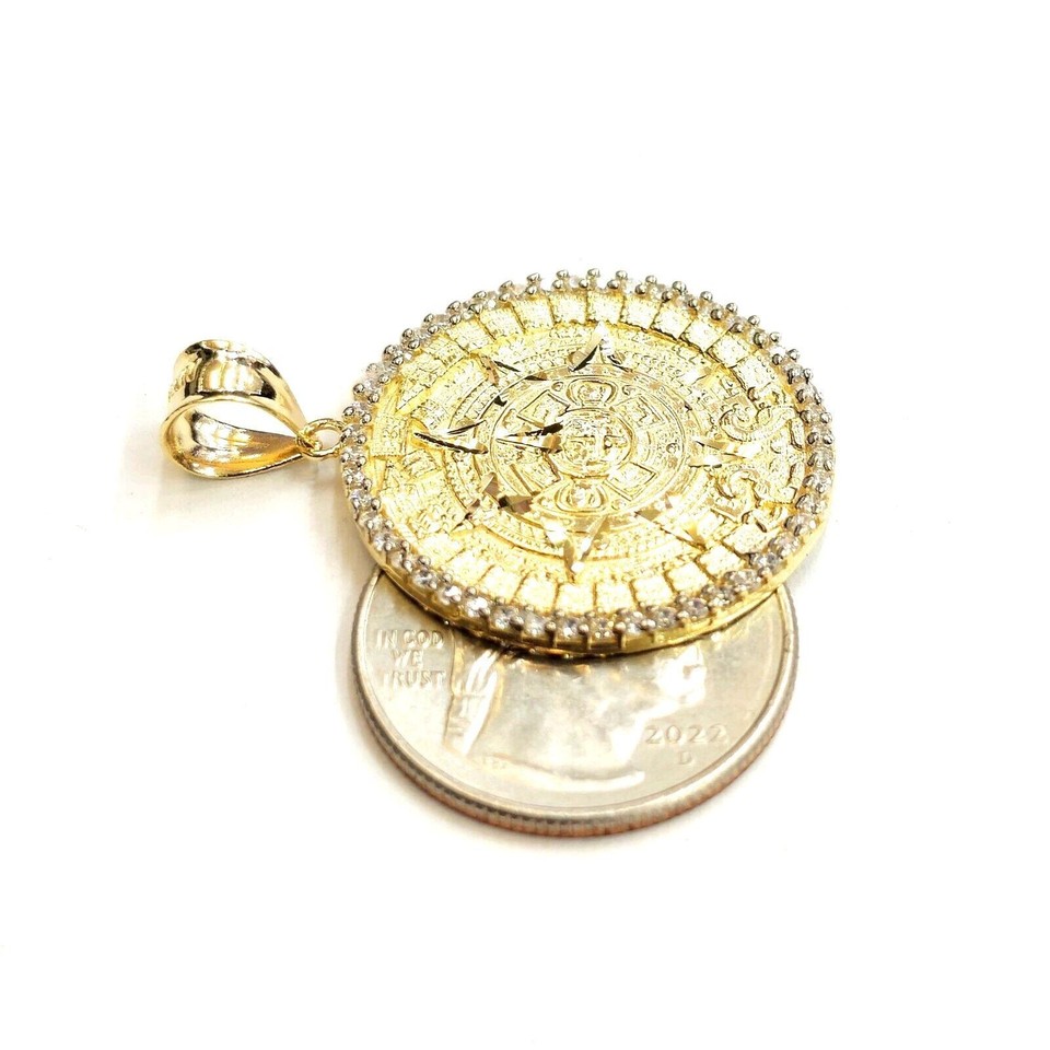 14k yellow Gold Aztec Mayan sun calendar Azteca pendant Cubic Zirconia ...