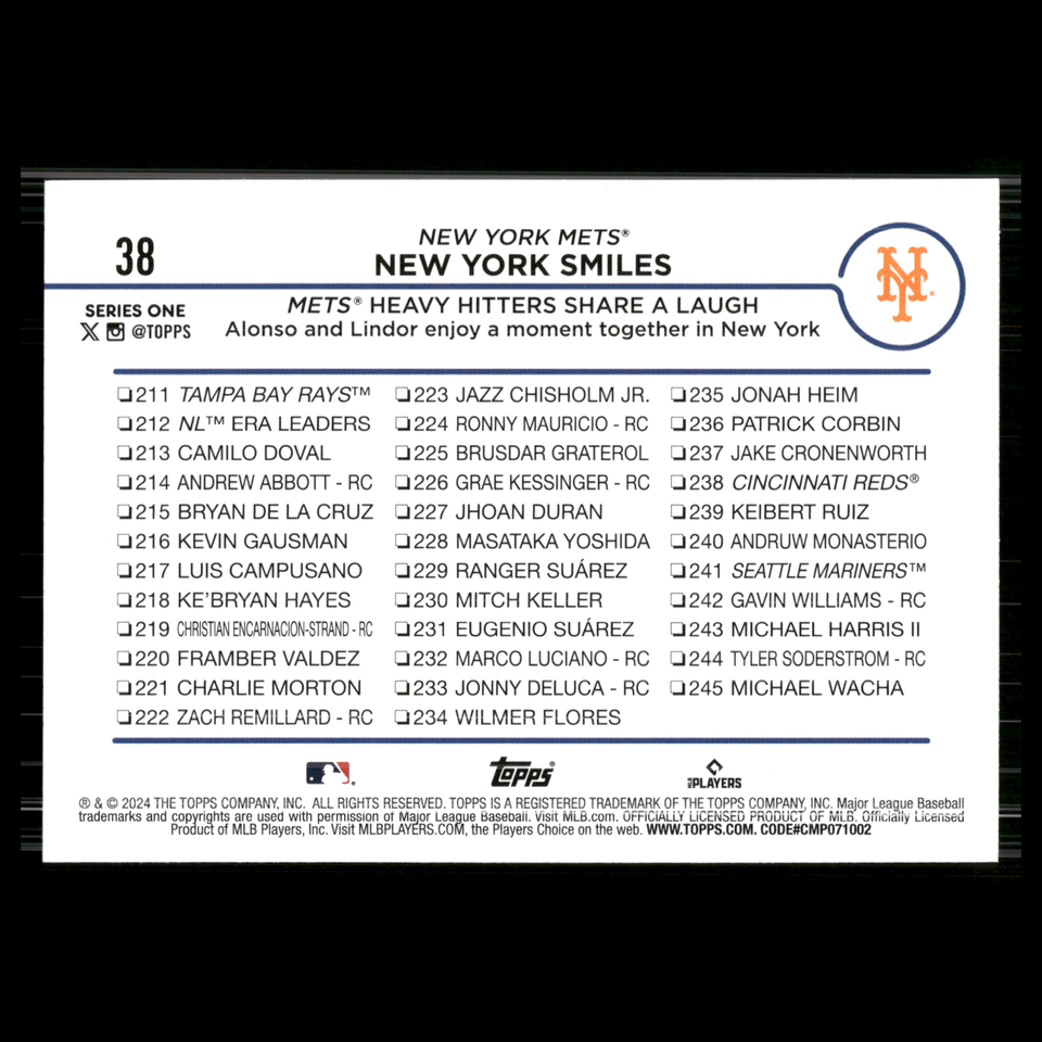 New York Smiles: Mets Heavy Hitters Share a Laugh #38 2024 Topps New ...