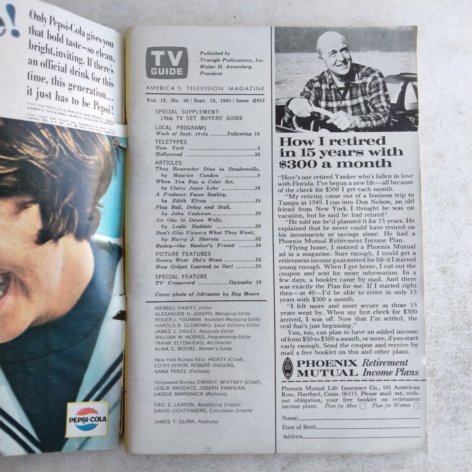 TV Guide September 18th Through 24th 1965 1966 TV Set Buyers Guide Free ...