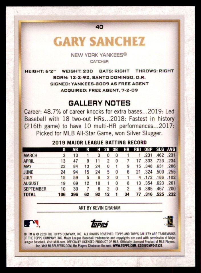 2020 Topps Gallery Gary Sanchez Baseball Card #40 | eBay