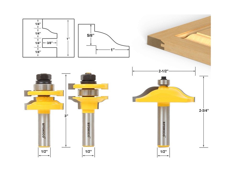YONICO Router Bits Set Cabinet Door Raised Panel 3 Bit Ogee 1/2-Inch ...