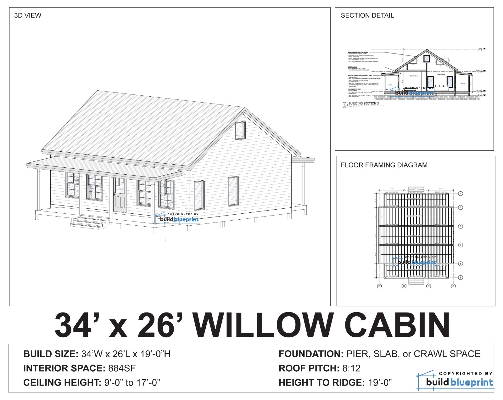 Modern 26' x 34' Willow Cabin Architectural Plans - PDF Download | eBay