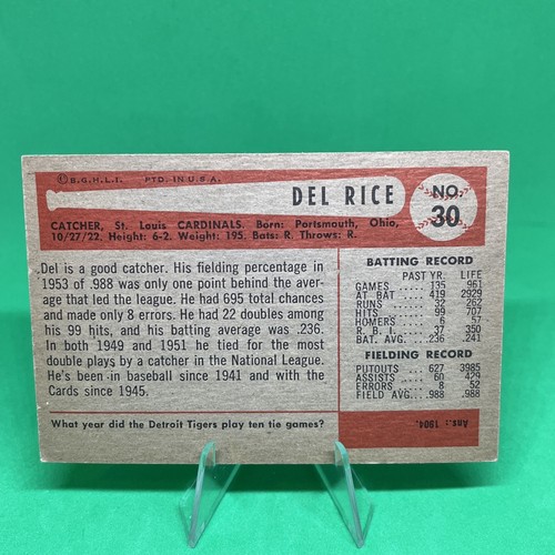 1954 BOWMAN BASEBALL DEL RICE #30 GREAT CONDITION | eBay