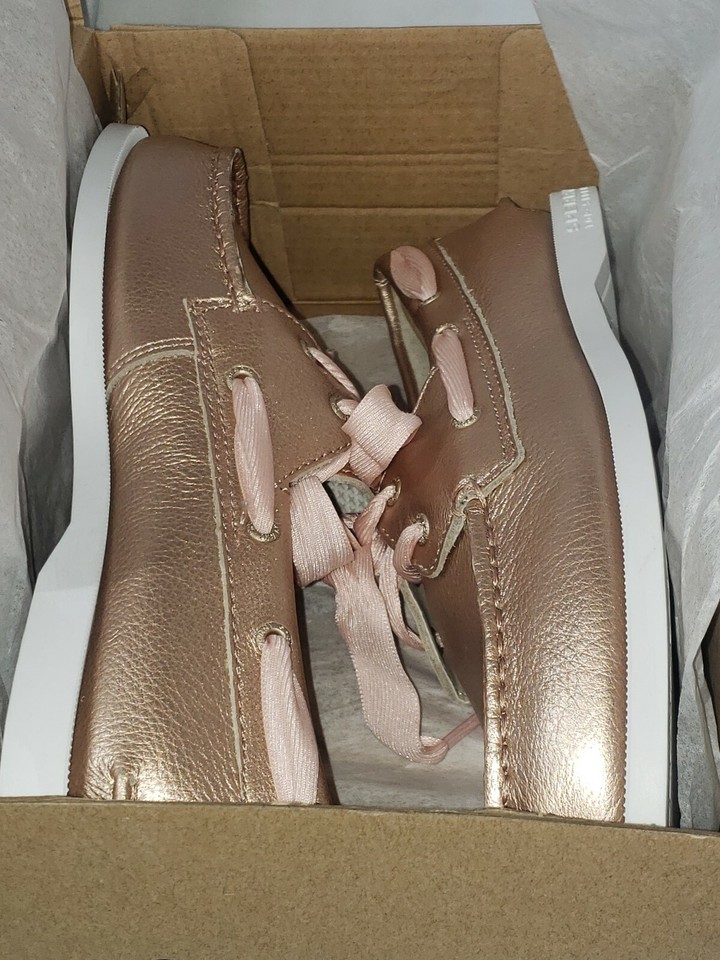 NIB Sperry Top-Sider Rose Gold Leather Slip On Laced Boat Shoe Loafers ...