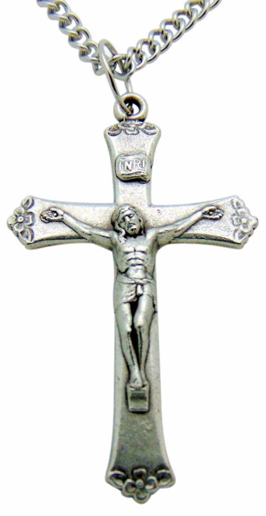 Catholic Womens Floral Crucifix 1 3/4"L Metal Pendant on Steel Chain ...