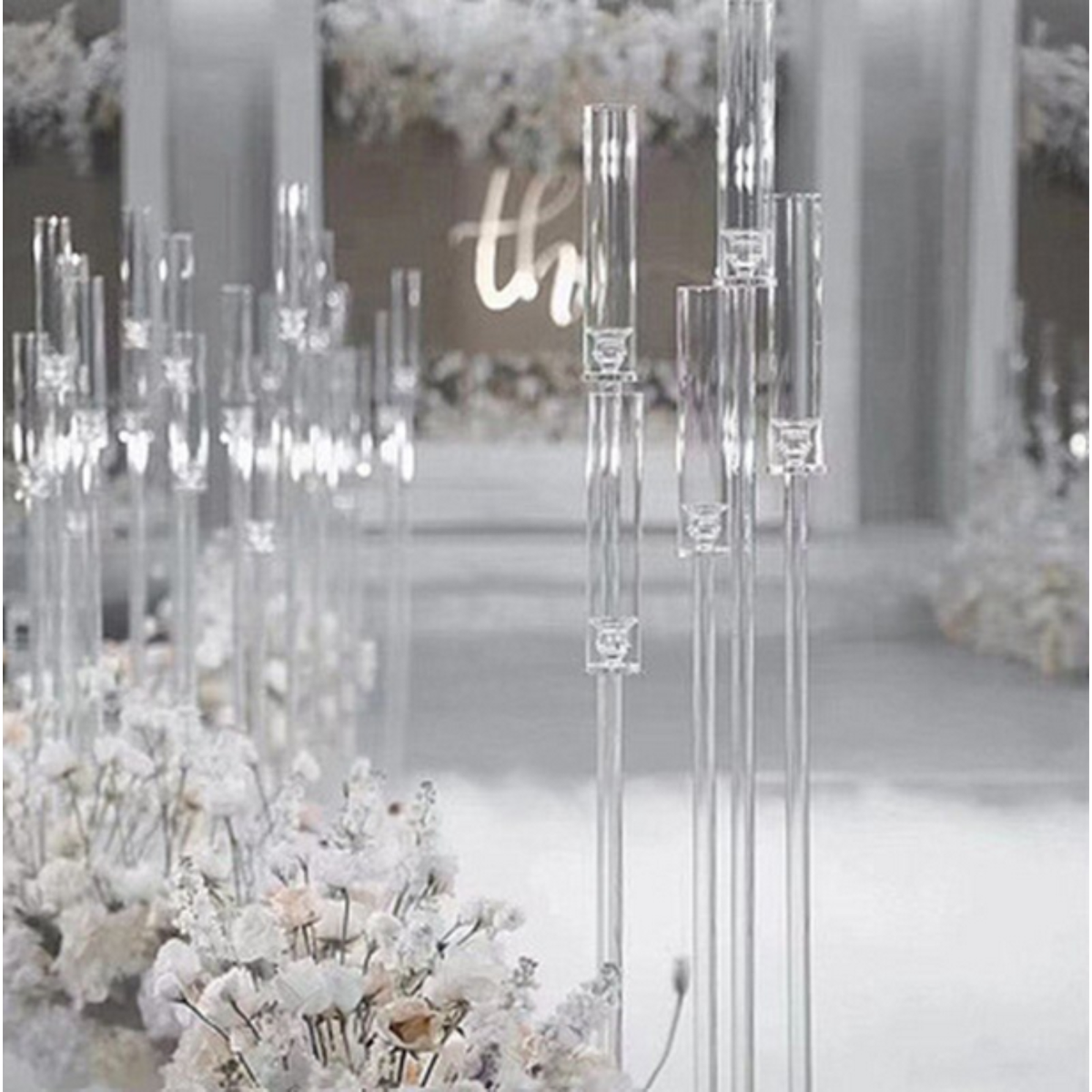 Acrylic Candelabra Centerpiece Clear Ribbed Glass Hurricane Shades Set