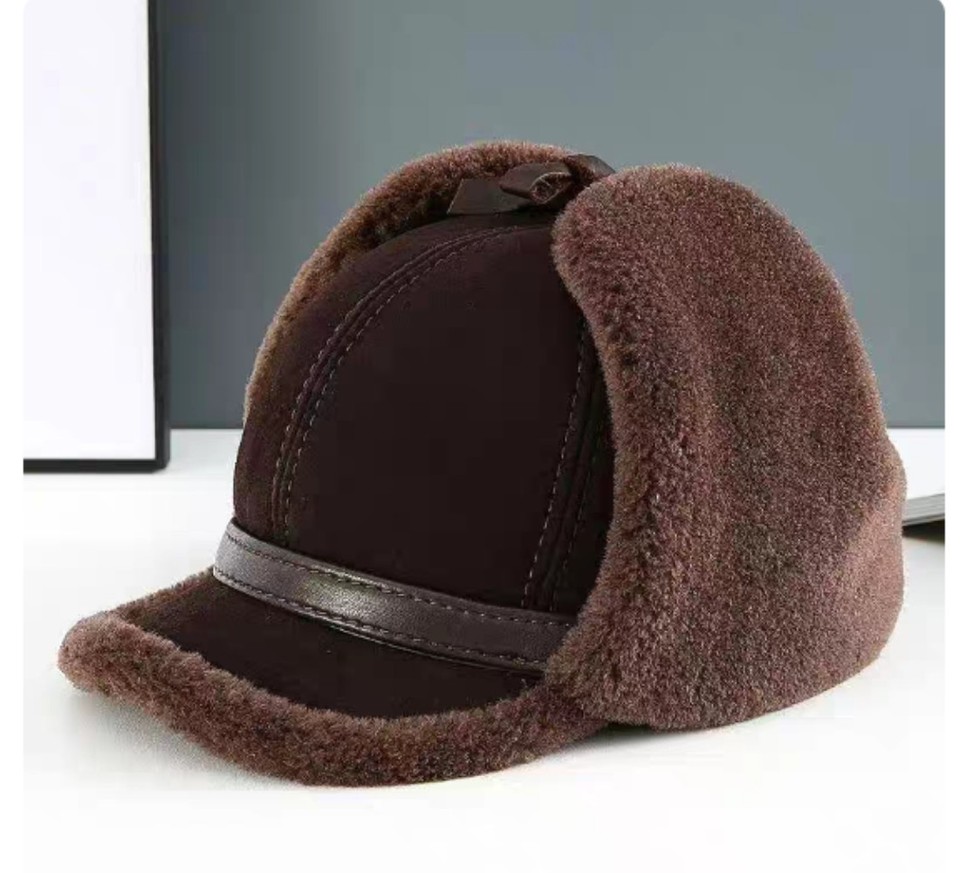 Men's Real Sheep Shearing Fur Hat Warm Peaked Cap Russian Hunter Hat ...