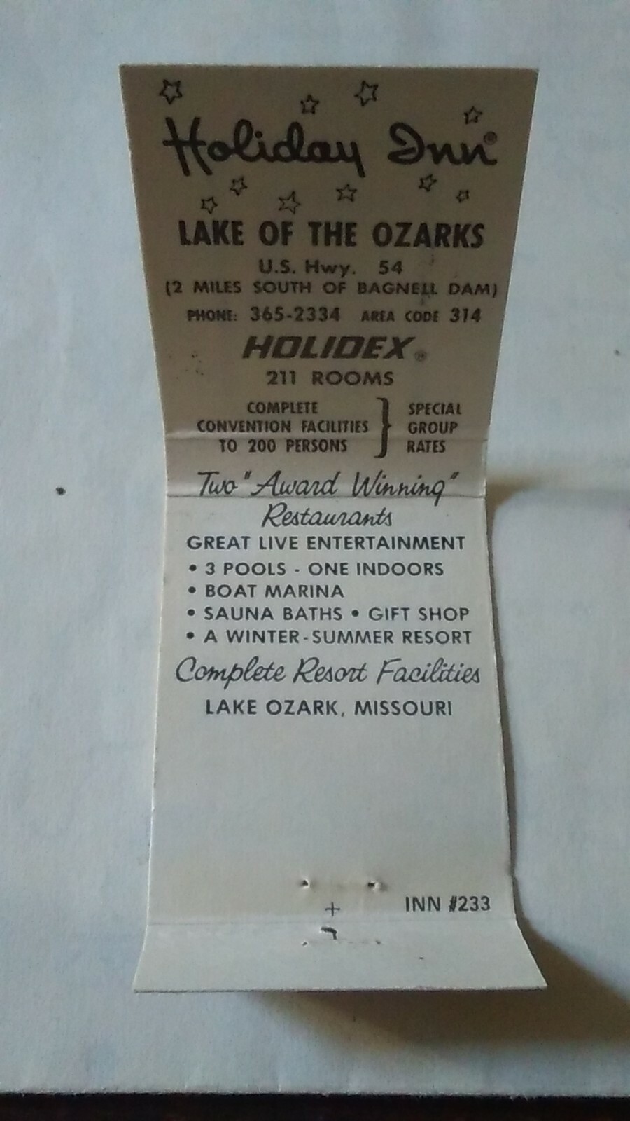 Vintage Holiday Inn Lake of the Ozarks Matchbook, Lake Ozark, MO ...