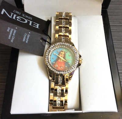 Elgin Women's Religious Watch Round Jesus Dial on Gold Crystal Linked ...