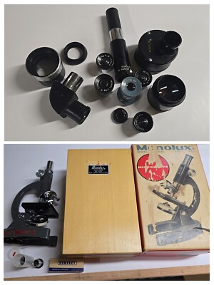 Vintage Monolux Microscope in wood box with large selection of lenses ...