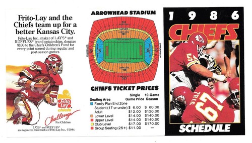 1986 Kansas City Chiefs Football Pocket Schedule NRMT Frito Lay | eBay