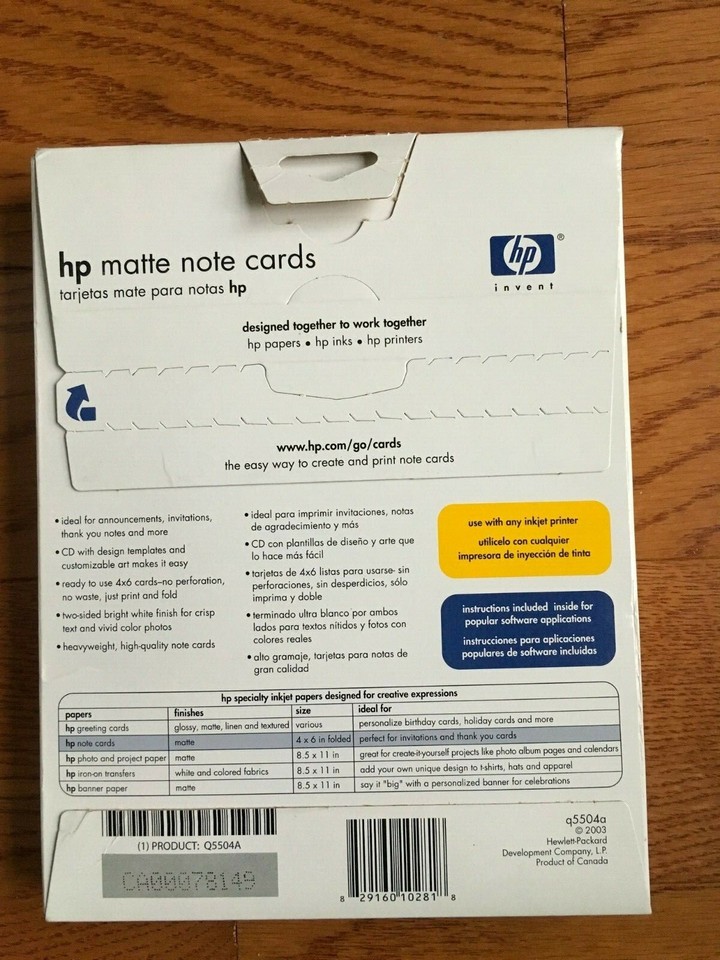 hp Matte Note Cards 6x8 inch scored to fold to 6x4 w/ envelopes and CD ...