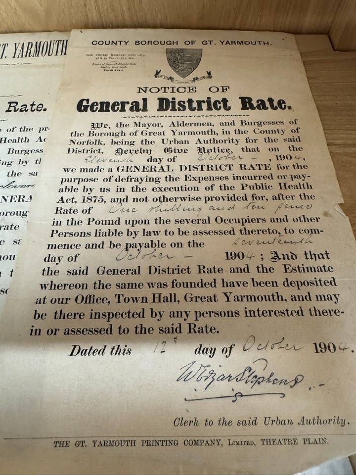 1904 Great Yarmouth Original Notices of Distric Rates & Sanitary Rates ...
