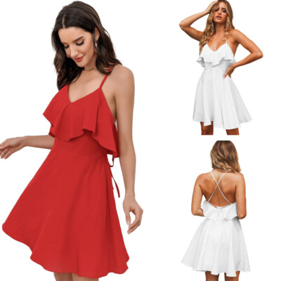 Women's Sexy V Neck Backless Short Dress Sleeveless Spaghetti Straps ...