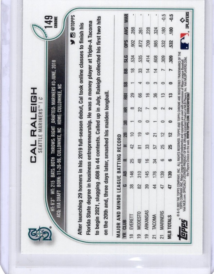 2022 Topps Chrome #149 Cal Raleigh RC NM+ Mariners Rookie Card | eBay