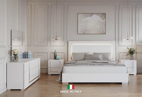 MADE IN ITALY 4PC LED Queen King White High Gloss Lacquer Contemporary ...