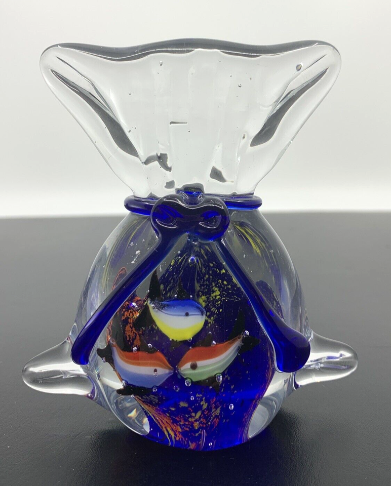 Large - Vintage Blown Glass Paperweight - Blue Ribbon Fish Ocean Theme ...
