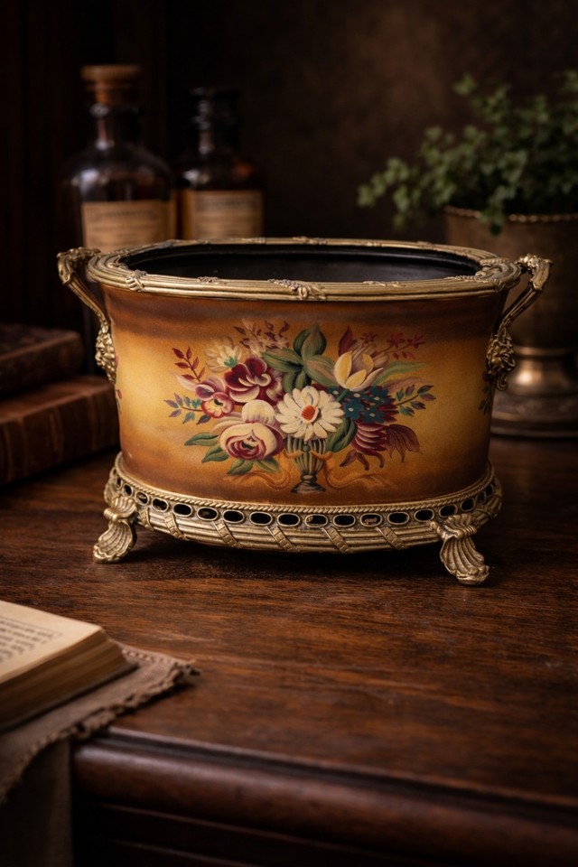 Vintage Toleware Floral Cachepot Planter Brass Lion Handles French ...