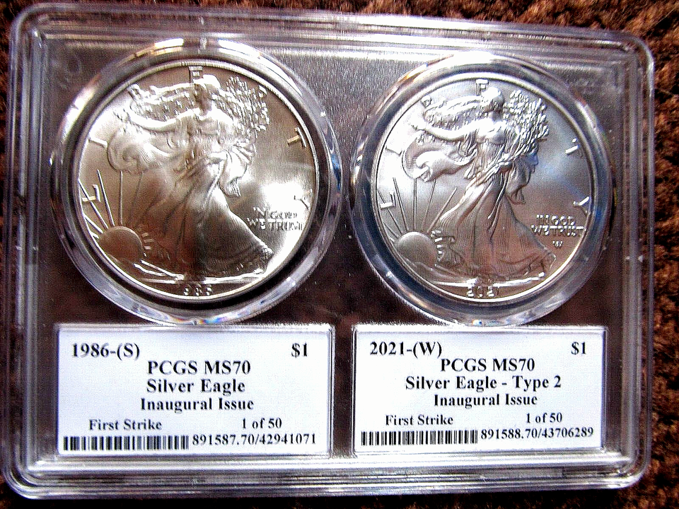 1986 (S) & 2021 (W) ASE INAUGURAL ISSUE 2 COIN SET (1 OF 50) PCGS MS 70 ...