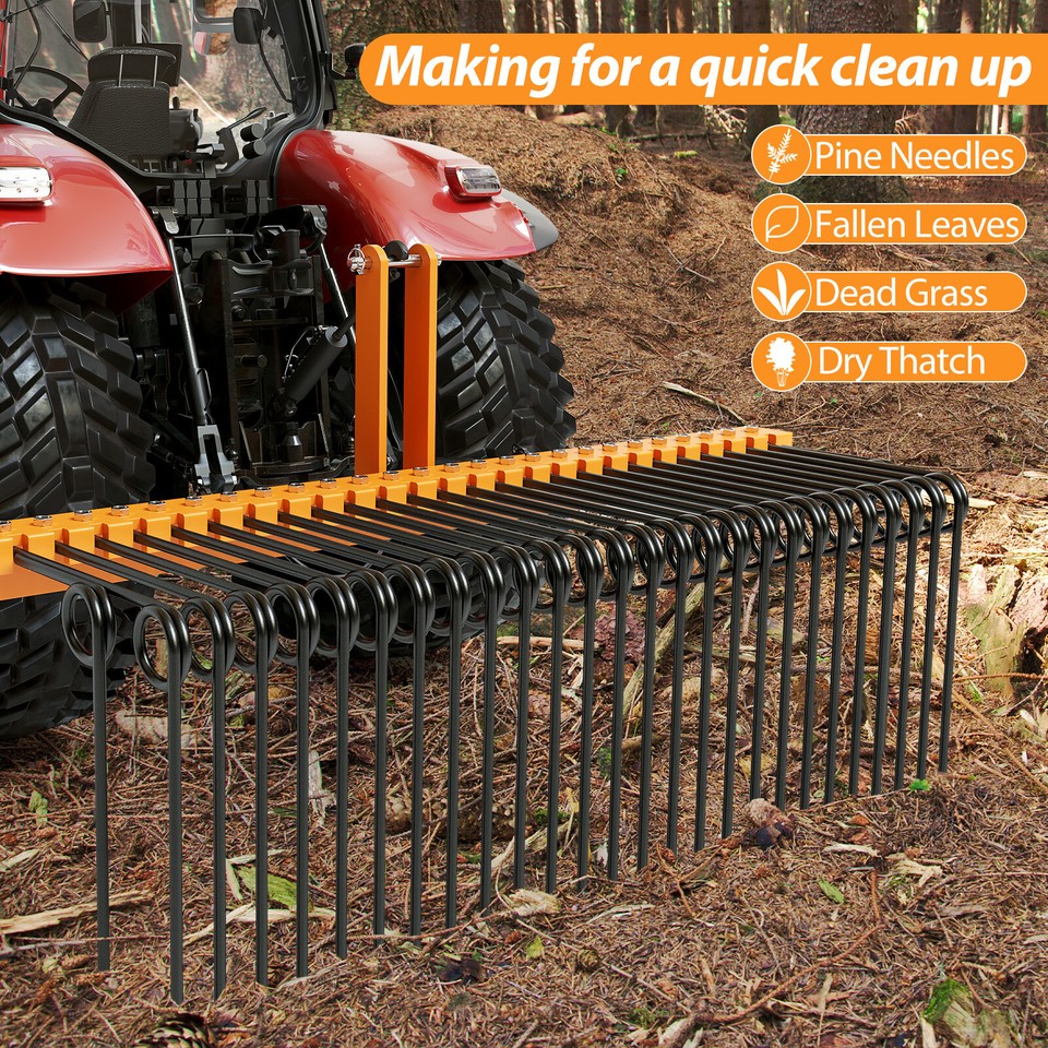 72" 3 Point Tractor Rake Pine Straw Rake Steel Landscape Rake for Cat0 ...