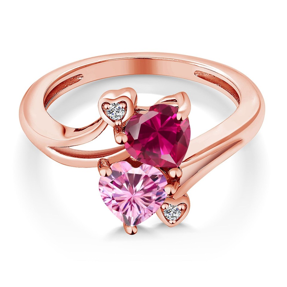 18K Rose Gold Plated Silver Created Ruby Pink Moissanite and White ...