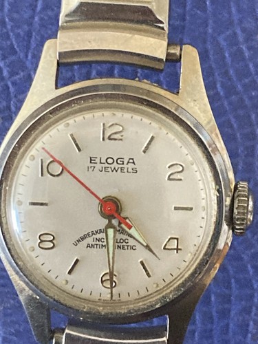 LADIES VNTG ELOGA 17 JEWEL MANUAL WRISTWATCH W/ORIGINAL STRETCH BAND ...