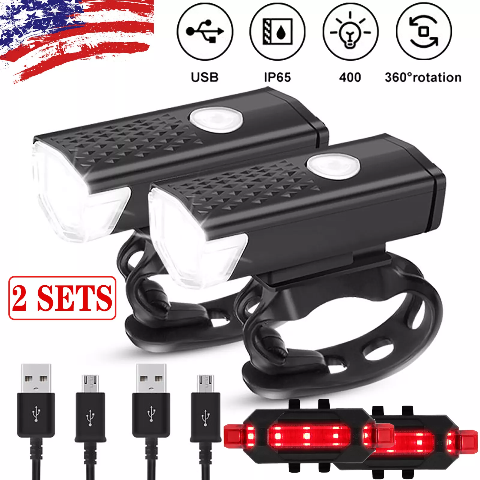 USB Rechargeable LED Bicycle Headlight Bike Front Rear Light Cycling ...