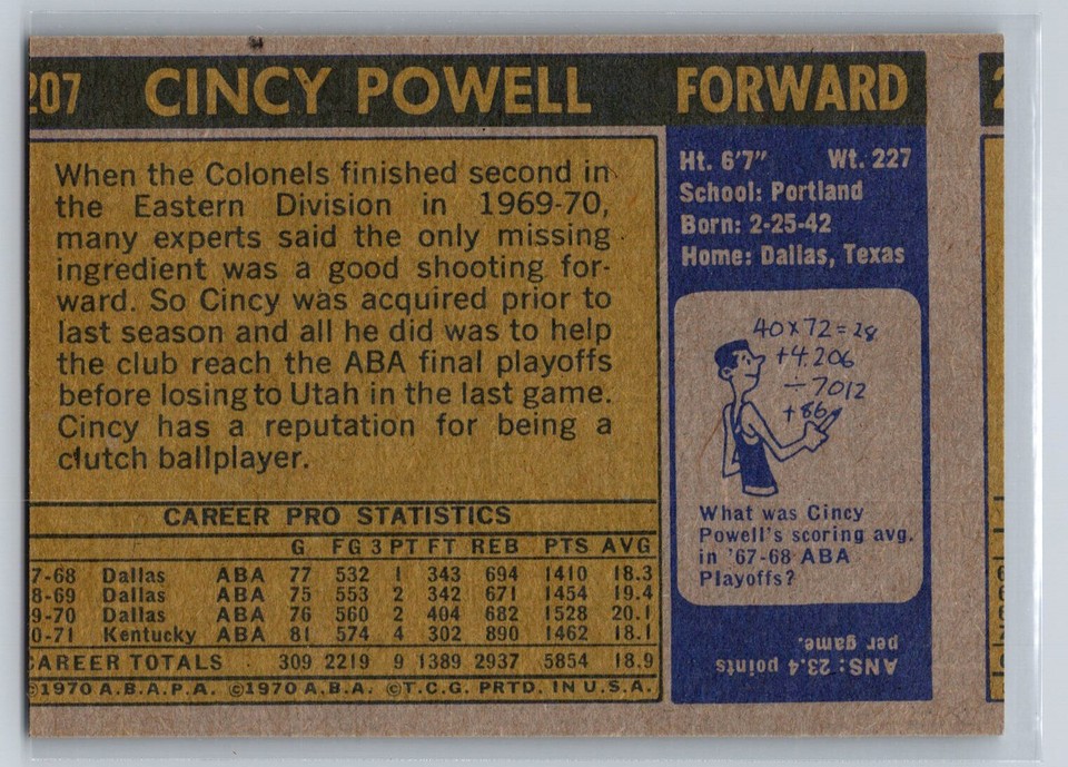 1971 Topps #207 Cincy Powell Kentucky Colonels Card | eBay