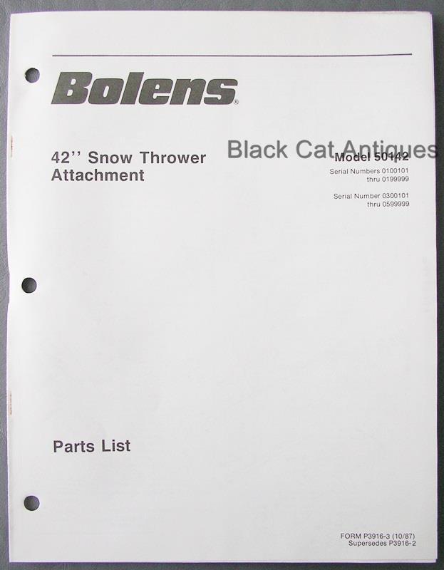 Orig 1987 Bolens 42" Snow Thrower Attachment Parts LIst Model 50142 ...