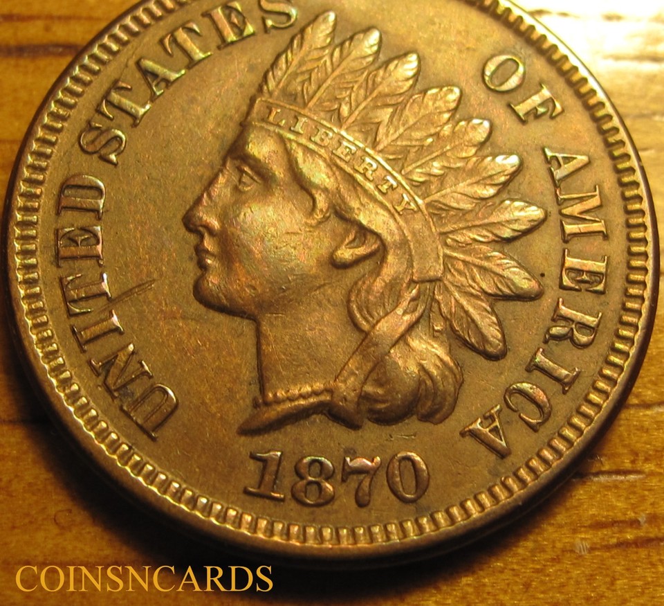 1870 Indian Head Cent Bold N Type Semi-Key AU About Uncirculated ...