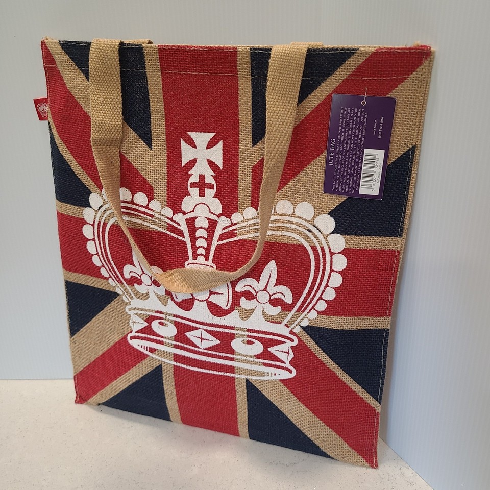 GLORIOUS BRITAIN JUTE BAG 14" x 16" w/ England's Flag & Crown NWT ...